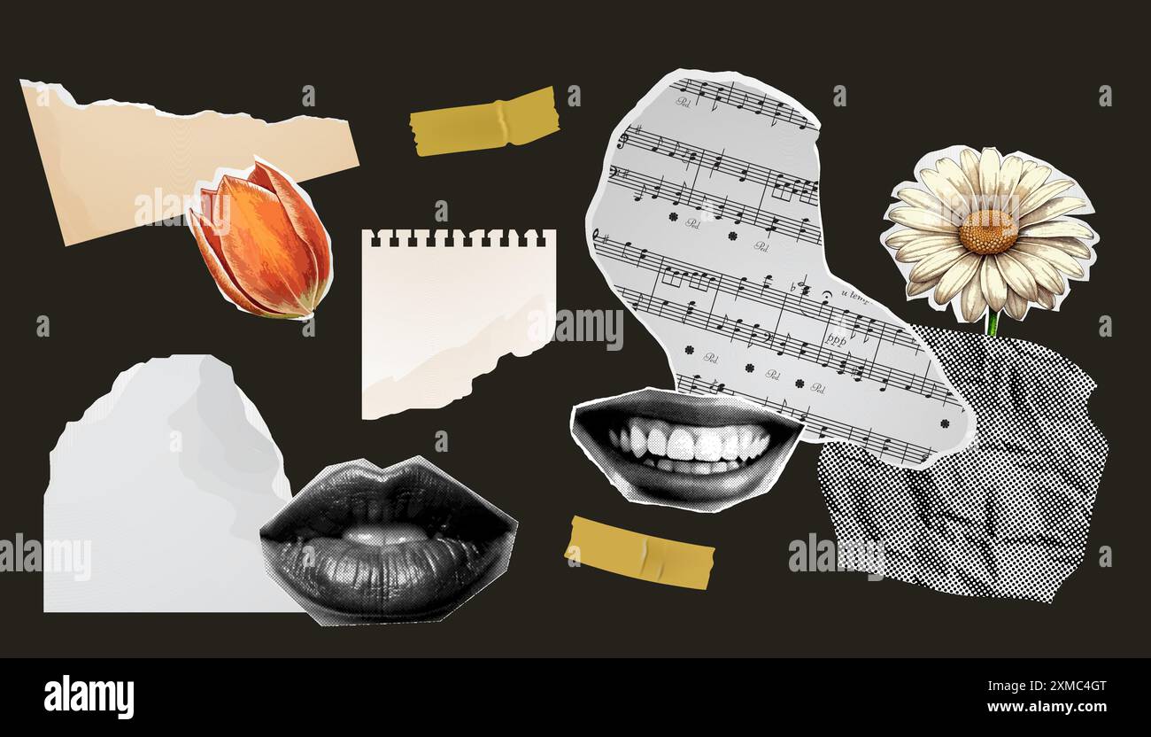 Set of torn paper, collage of notebook sheets, old newspaper. butterfly ...