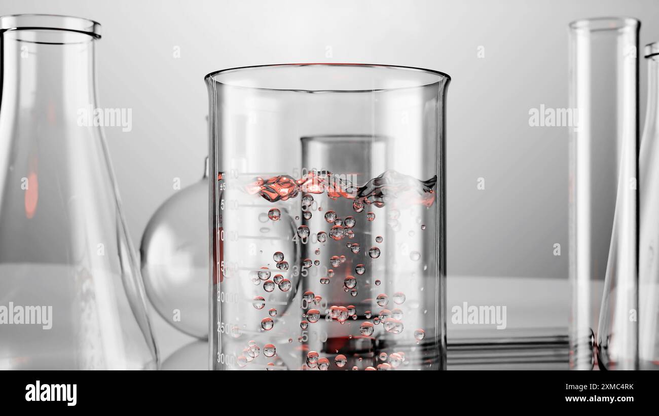 Glass Beaker with boiling liquid, water starts to Boil in a laboratory ...