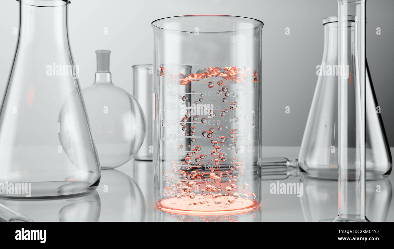 Glass Beaker with boiling liquid, water starts to Boil in a laboratory ...