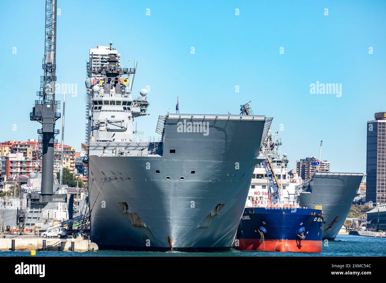 HMAS Canberra naval ship berthed at Garden Island in Sydney harbour ...