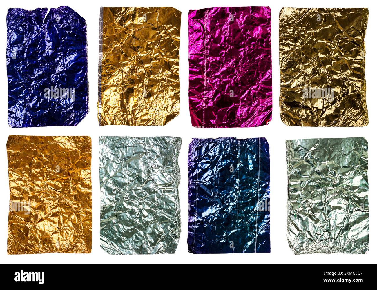 Eight old crumpled pieces of aluminum foil isolated on white background ...