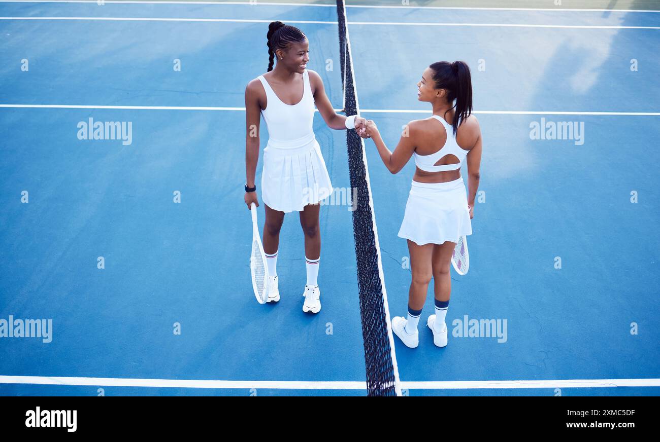 Women, handshake and tennis on court for game, professional and thank ...