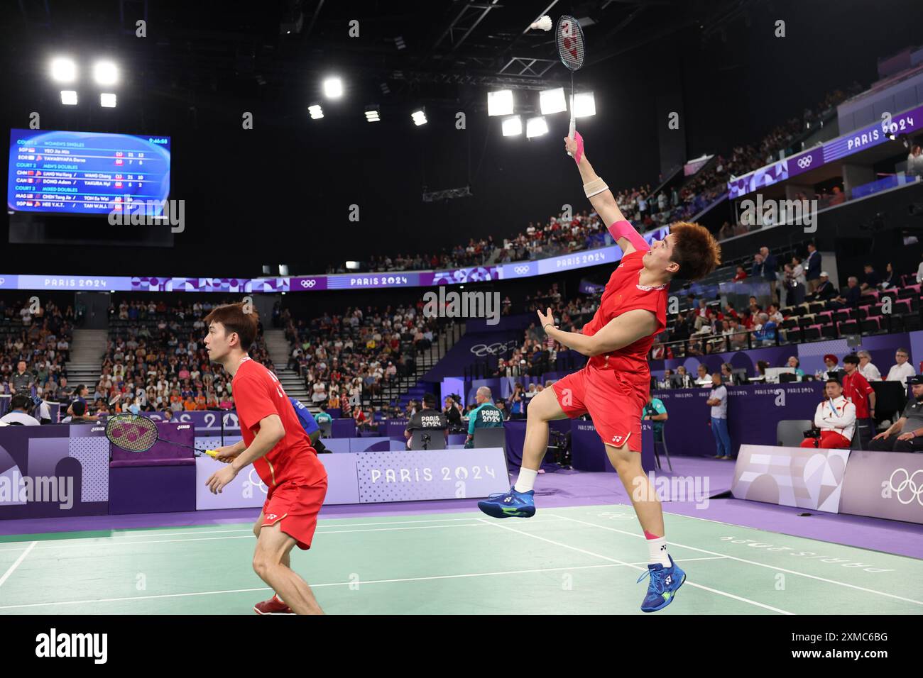 Paris, France. 27th July, 2024. Liang Weikeng (R)/Wang Chang of China compete during the men's ...