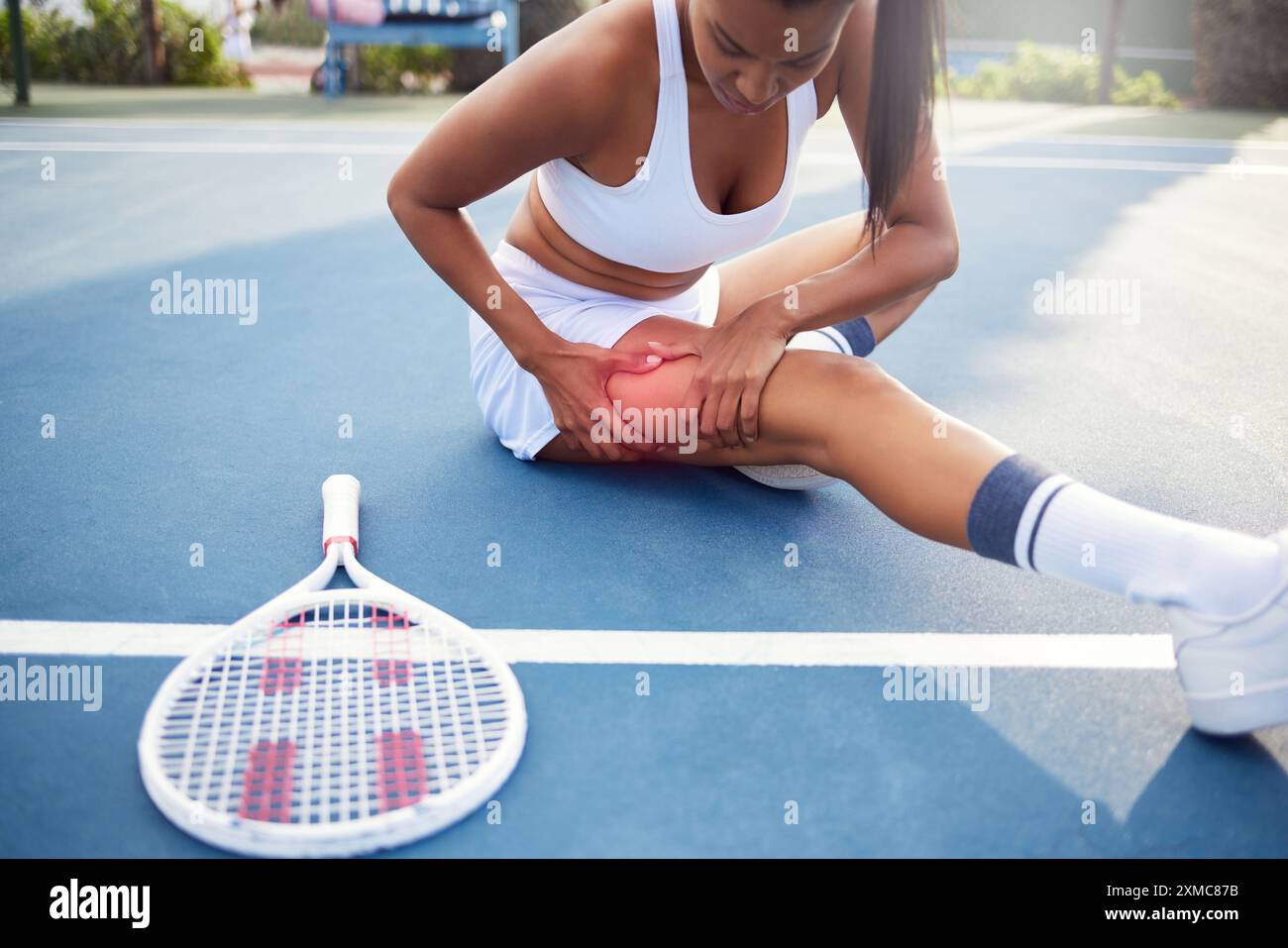 Injury, girl and leg pain in tennis court for athlete discomfort and ...