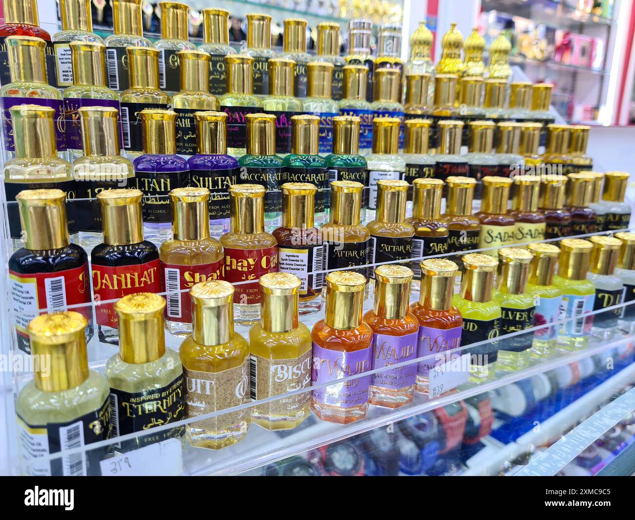 A oud or attar perfume glass bottles in display in a plaza mall Stock ...