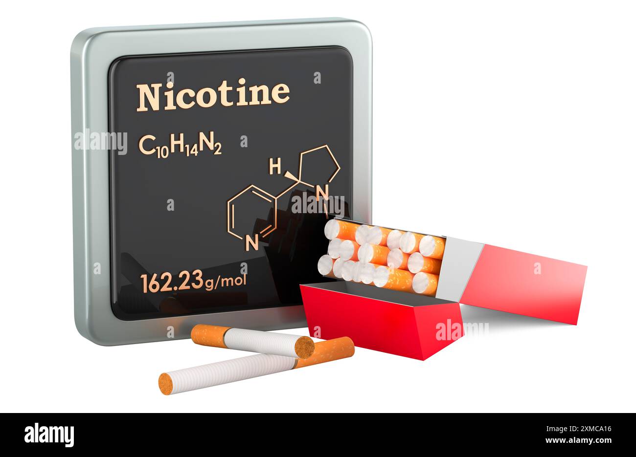 Cigarette pack with nicotine icon. 3D rendering isolated on white ...
