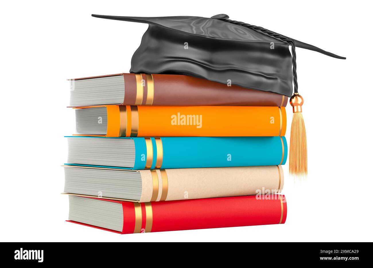 Stack of books with graduation cap, 3D rendering isolated on white ...