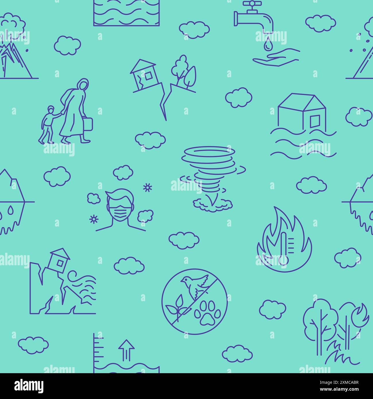 Climate disasters line seamless pattern. Global warming impact on ...