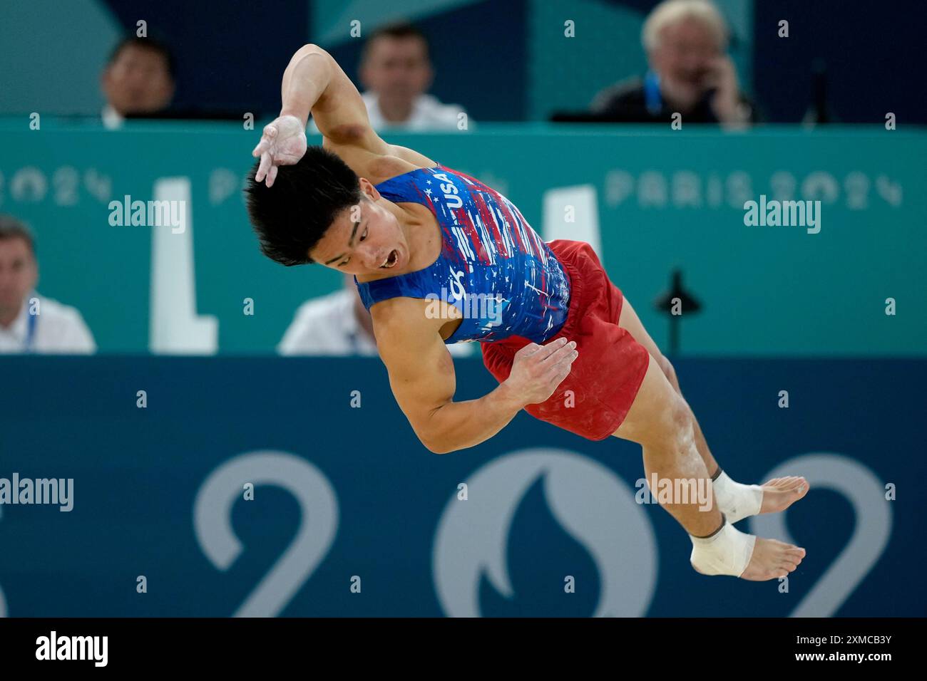 Asher Hong, of United States, competes on the floor exercise during a ...