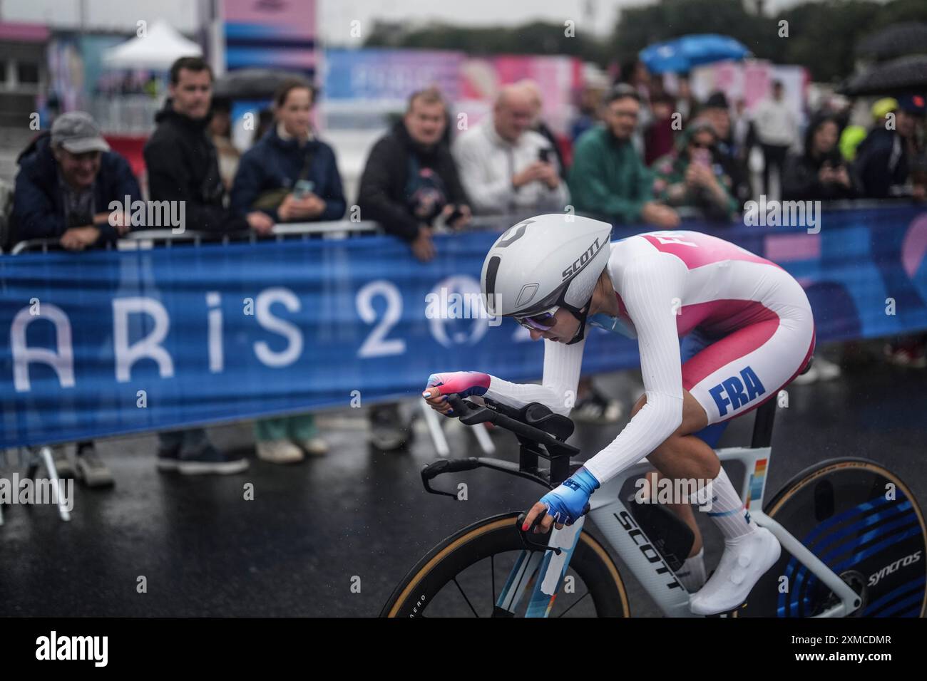 Juliette Labous, of France, competes in the women's cycling time trial ...