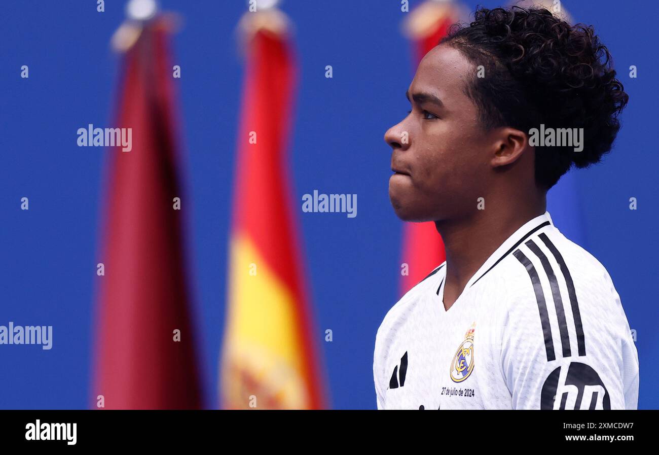Endrick Felipe looks on during his presentation as new player of Real ...