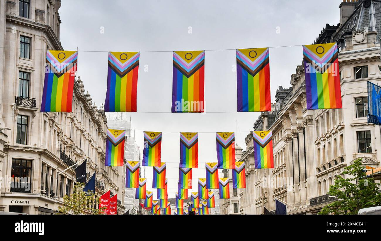 London, England, UK - 27 June 2023: Gay pride flags hanging over regent ...