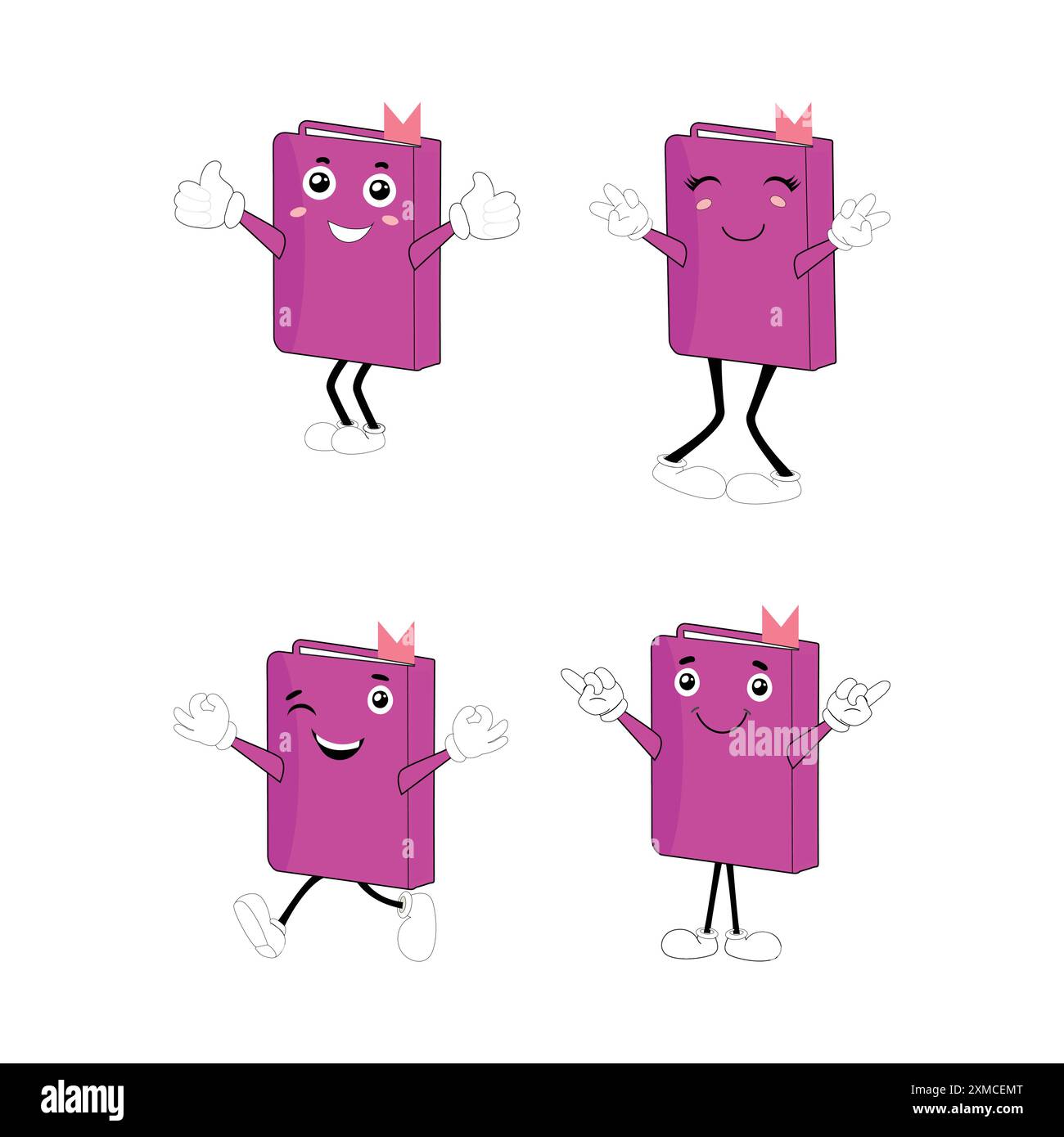 Cute cartoon book set character with different emotions and in action ...