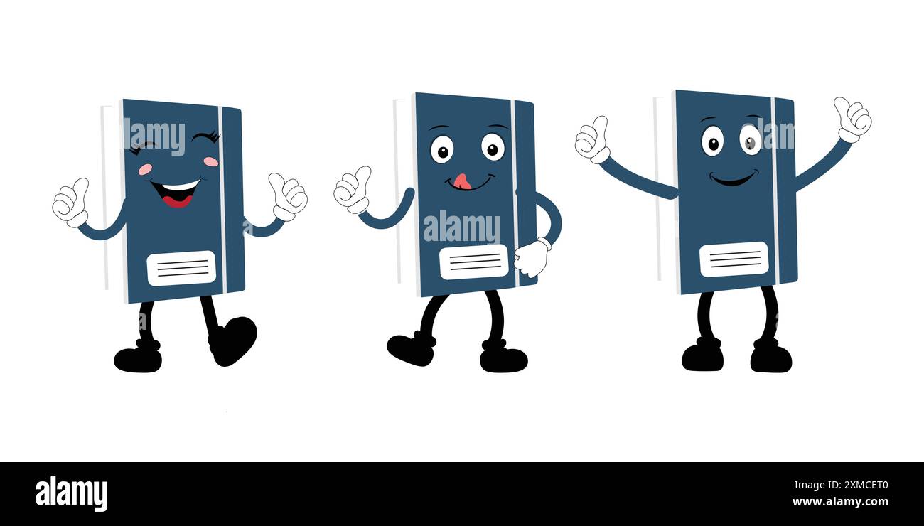 Cute cartoon book set character with different emotions and in action ...