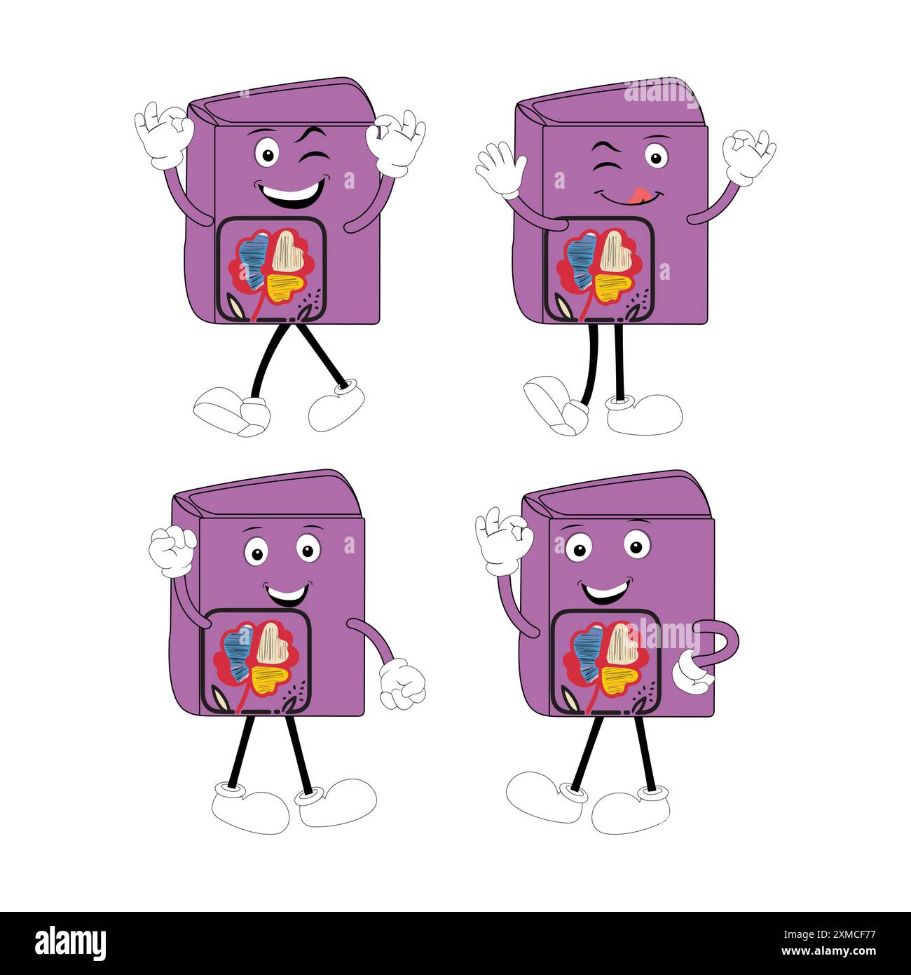 Cute cartoon book set character with different emotions and in action ...