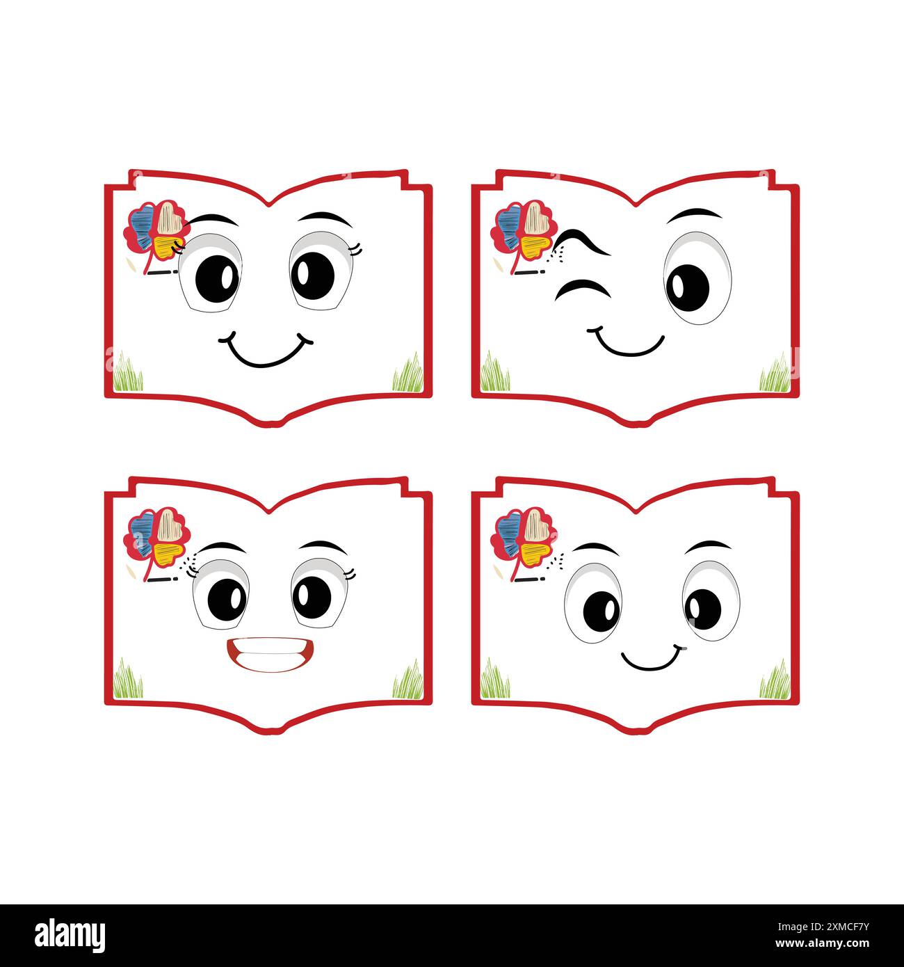 Cute cartoon book set character with different emotions and in action ...