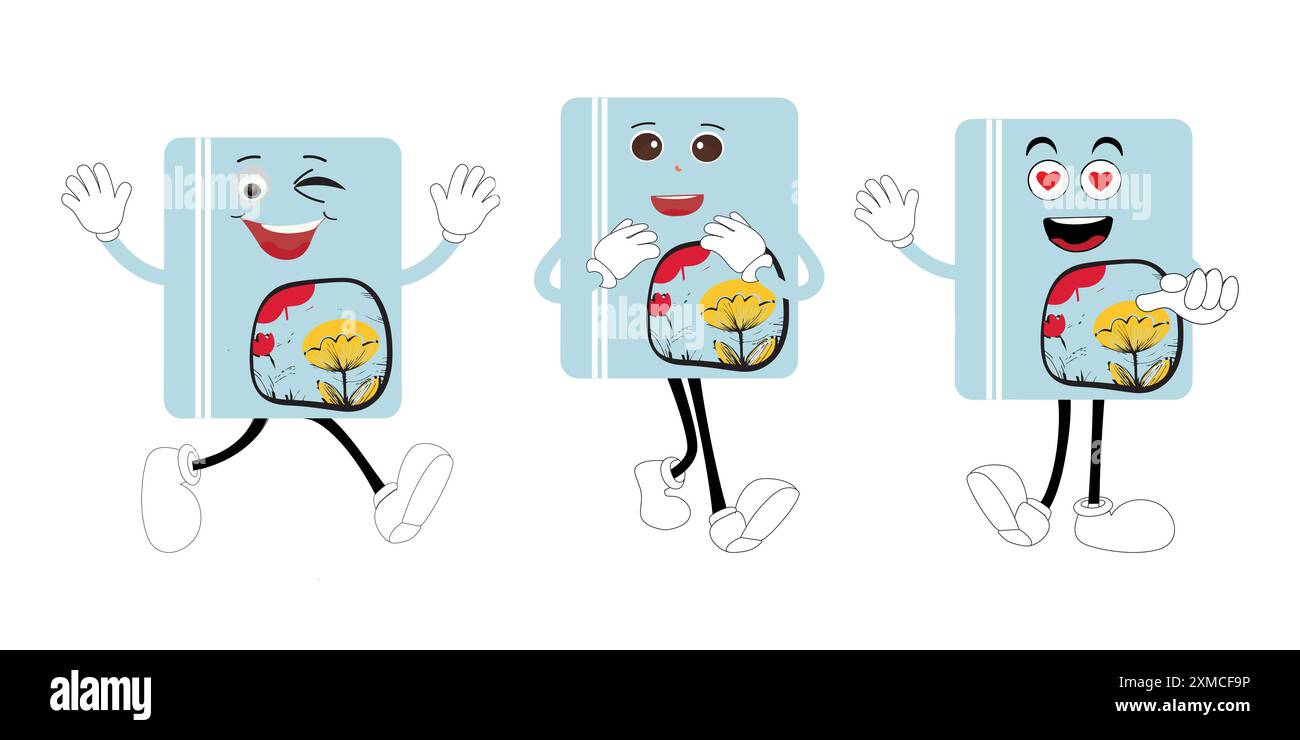 Cute cartoon book set character with different emotions and in action ...
