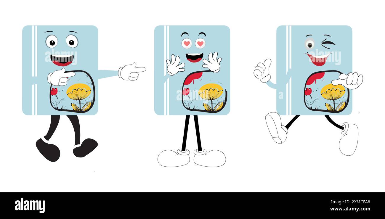 Cute cartoon book set character with different emotions and in action ...