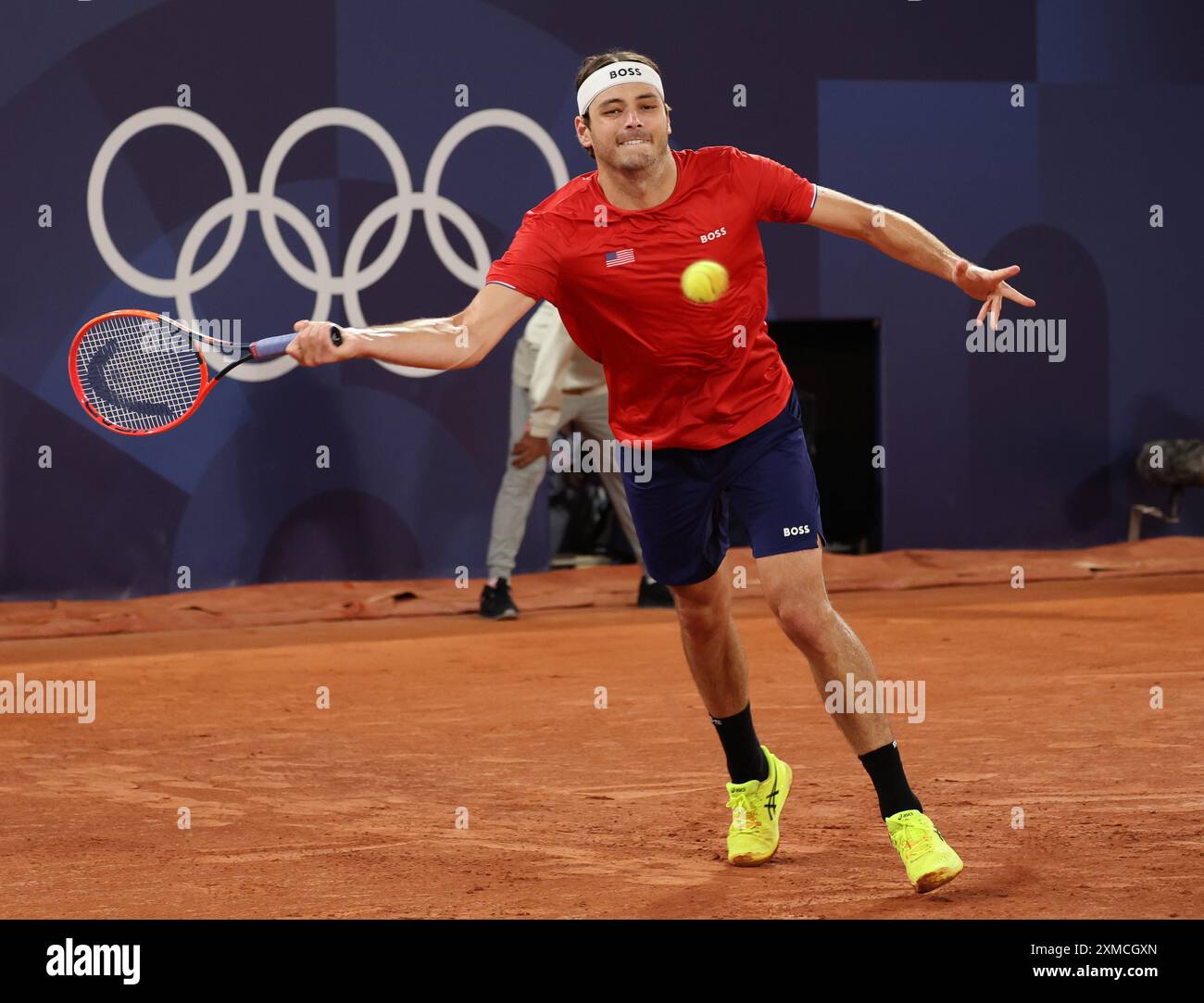 Paris, France. 27th July, 2024. USA'S Taylor Fritz plays a volley in ...