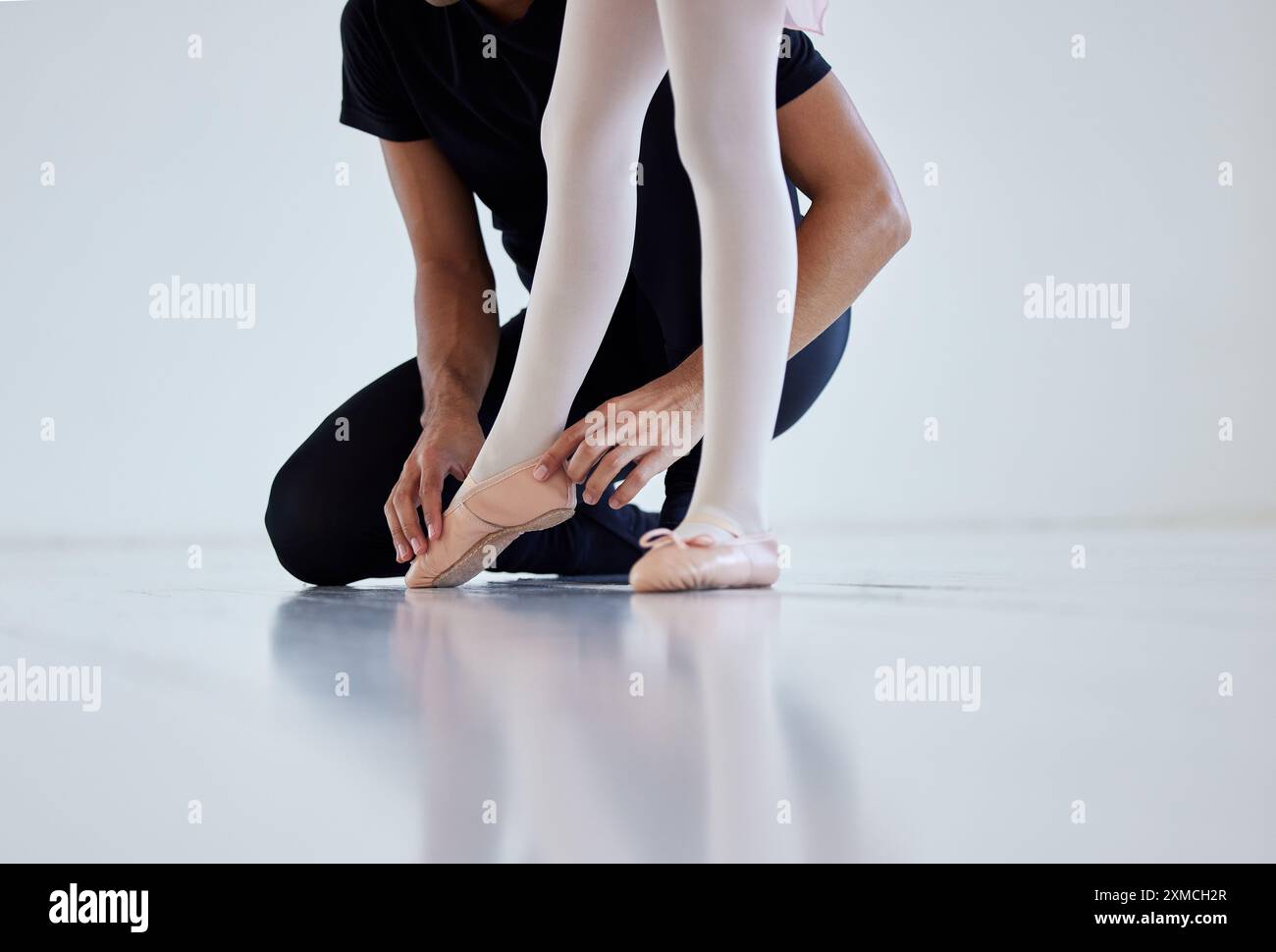 Ballet, student and teacher for training feet for position, correct ...