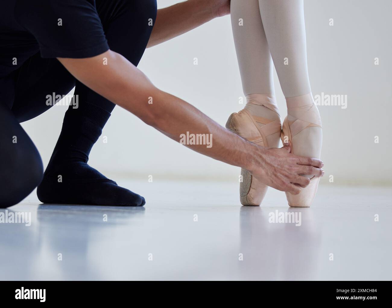 Ballet, student and teacher for balance feet for position, correct ...