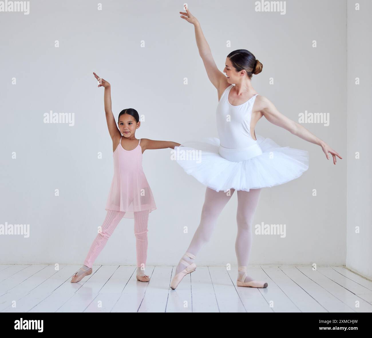 Teacher, child and ballet practice in studio, dance training and ...