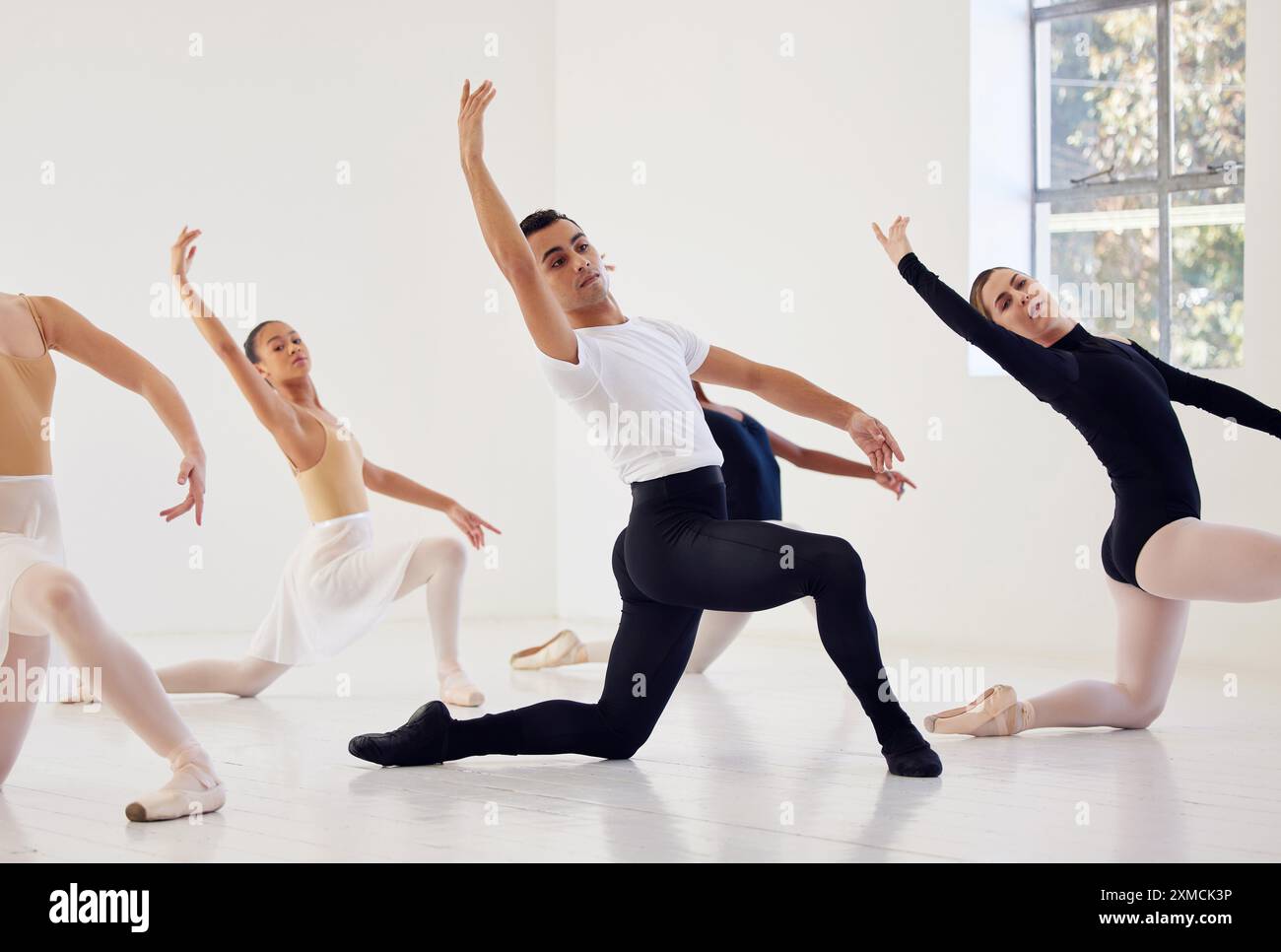 Ballet, dancer group and class with routine learning, exercise and ...