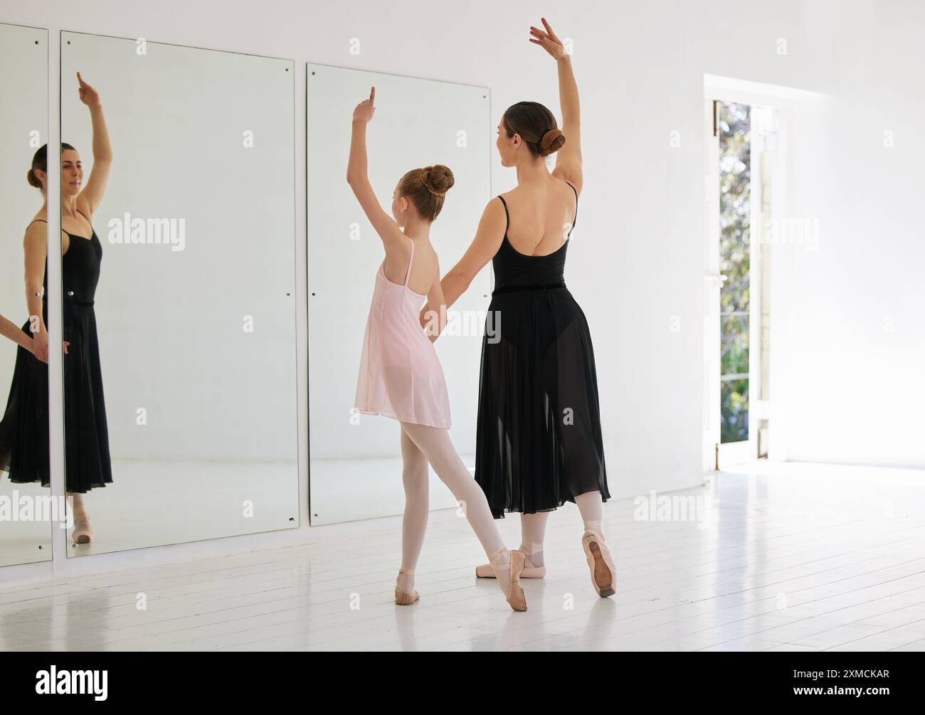 Ballet, mentor and girl with mirror for learning, arms and correct ...