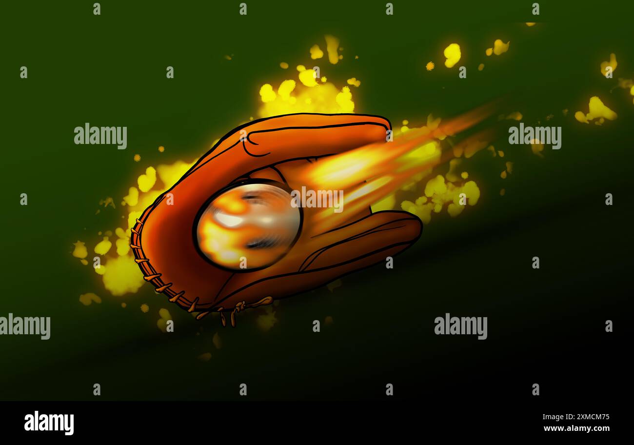 Catching a blazing fastball in a baseball game with fiery background ...