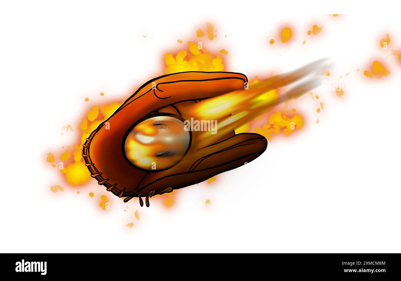 Catching a blazing fastball in a baseball game with fiery background ...