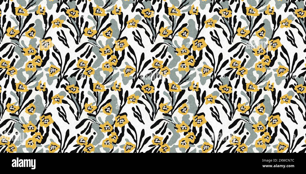 Modern printed fabric flower block print pattern with linen texture ...