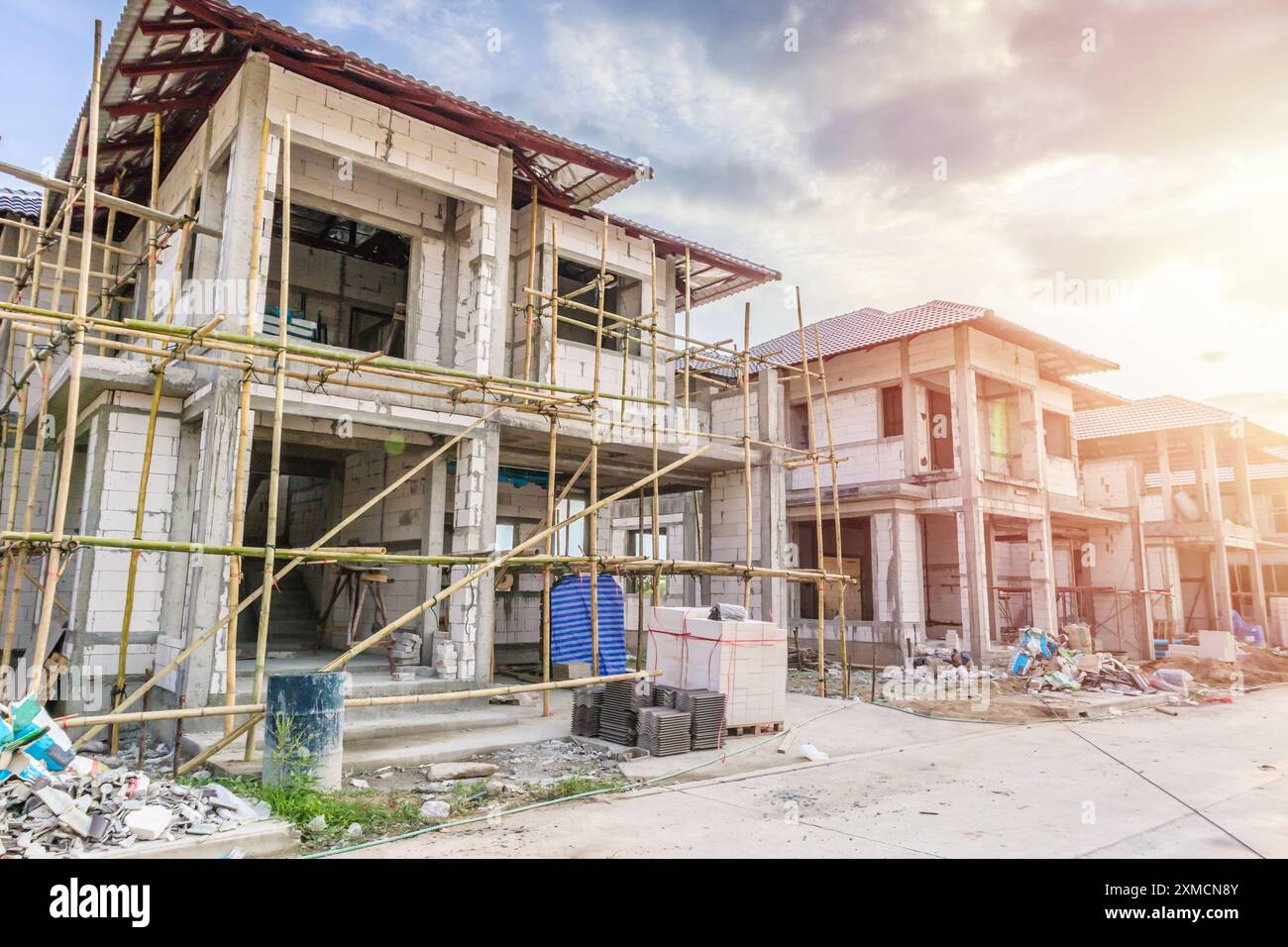 construction residential new house in progress at building site with ...