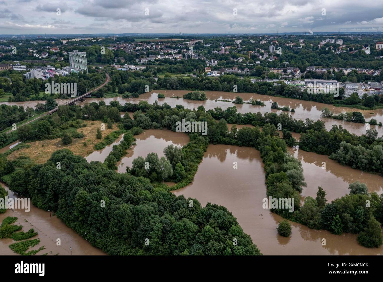Flood on the Ruhr, after long heavy rainfall the river left its bed and ...