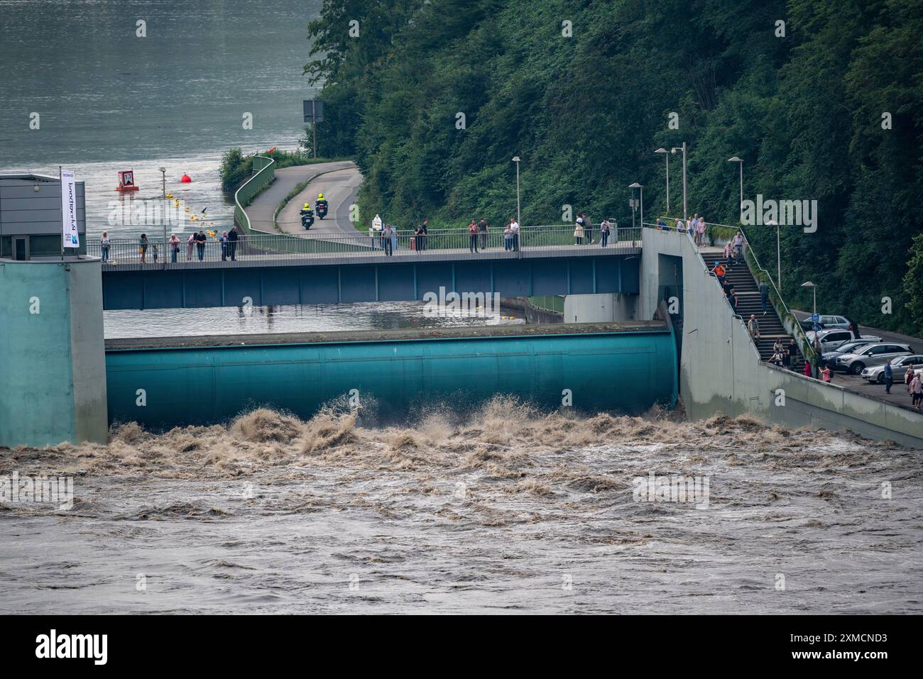Weir of the Lake Baldeney in Essen, the masses of water roar through ...