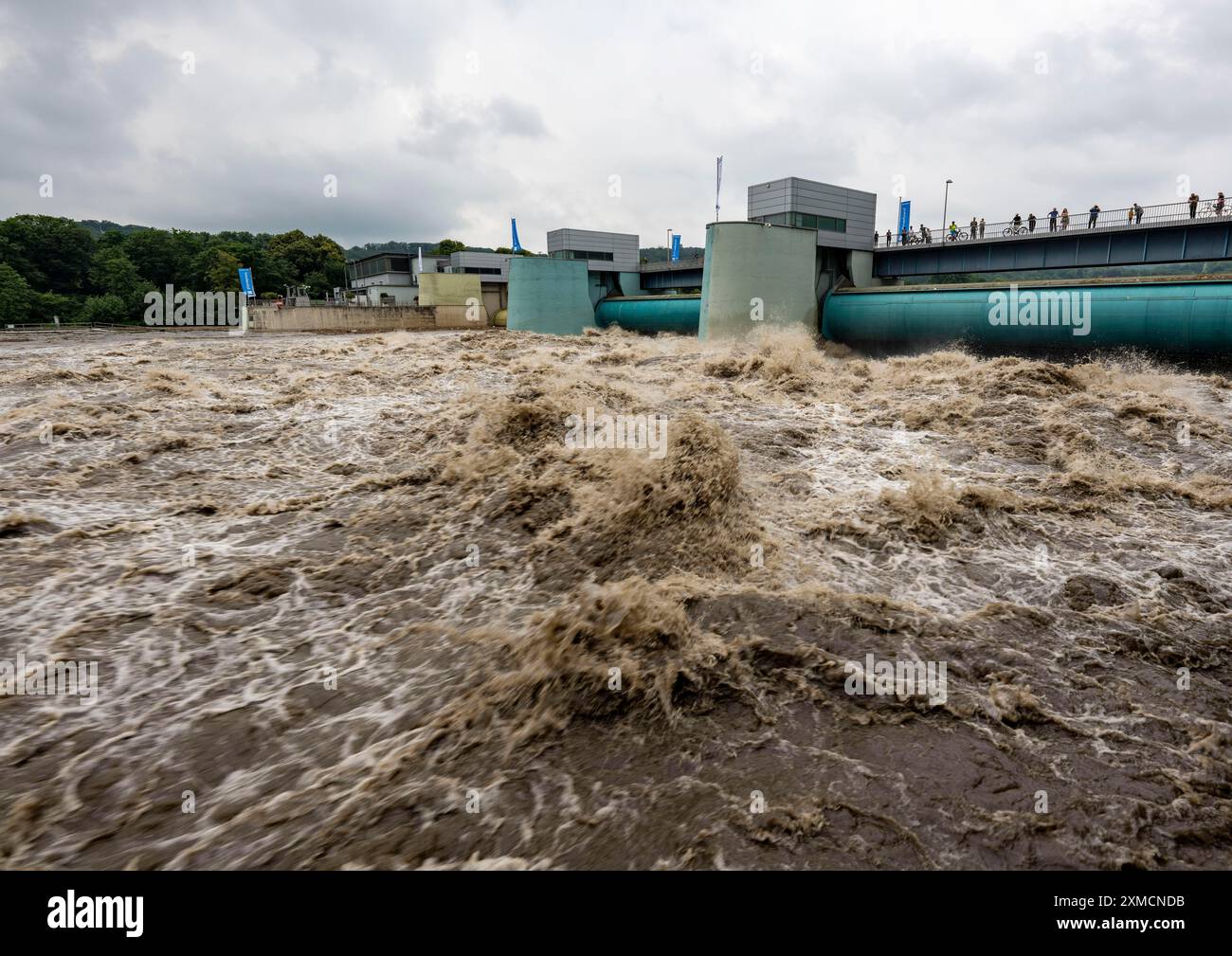 Weir of the Lake Baldeney in Essen, the masses of water roar through ...