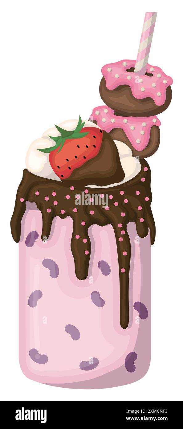 A pink milkshake with jelly in a bottle with chocolate syrup dripping ...