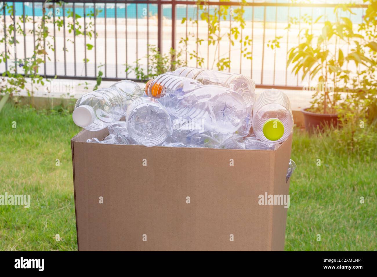 plastic bottles in brown recycle garbage box Stock Photo - Alamy