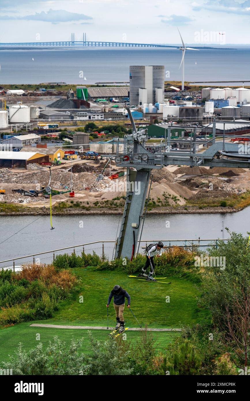 CopenHill, waste incineration plant and artificial ski slope, skiing with a view of the Oresund ...