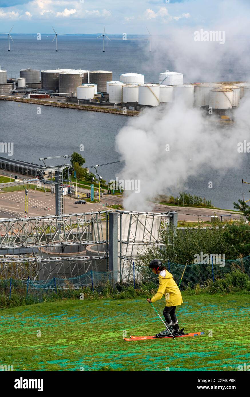 CopenHill, waste incineration plant and artificial ski slope, skiing with a view of the Oresund ...