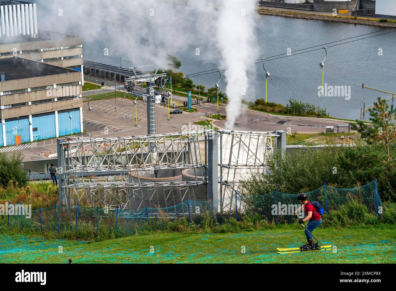 CopenHill, waste incineration plant and artificial ski slope, skiing with a view of the Oresund ...