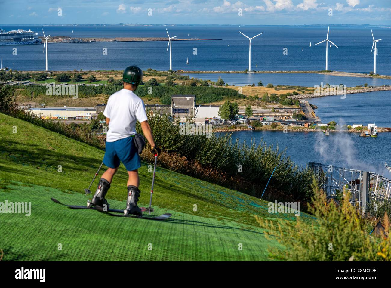 CopenHill, waste incineration plant and artificial ski slope, skiing with a view of the Oresund ...