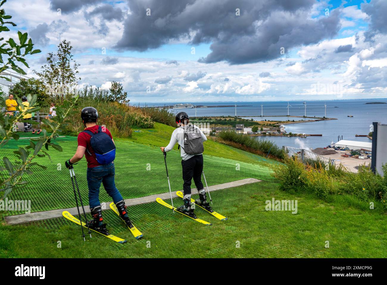 CopenHill, waste incineration plant and artificial ski slope, skiing with a view of the Oresund ...