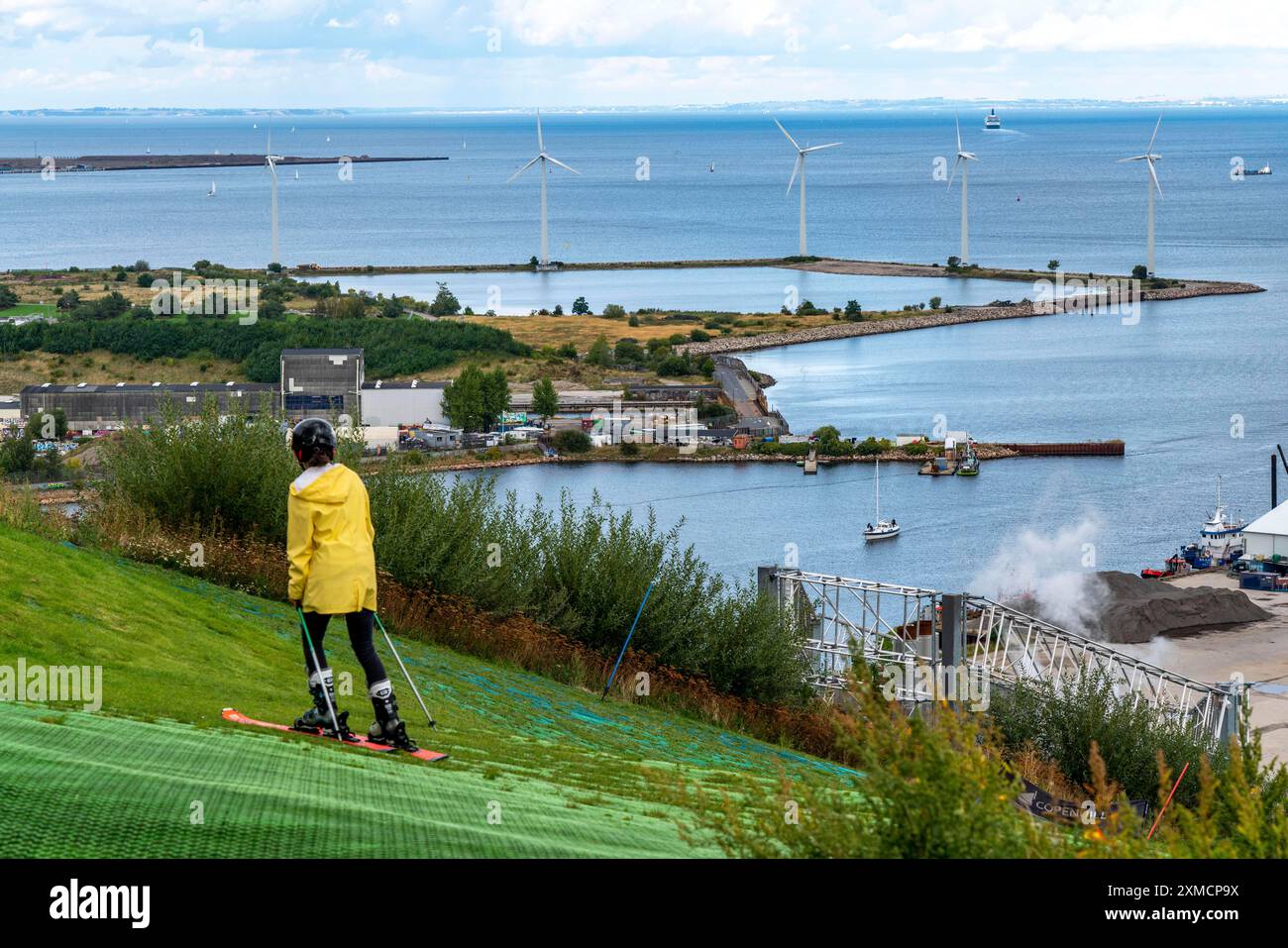 CopenHill, waste incineration plant and artificial ski slope, skiing with a view of the Oresund ...