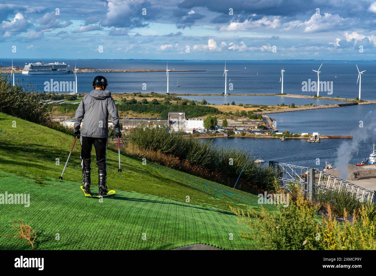CopenHill, waste incineration plant and artificial ski slope, skiing with a view of the Oresund ...