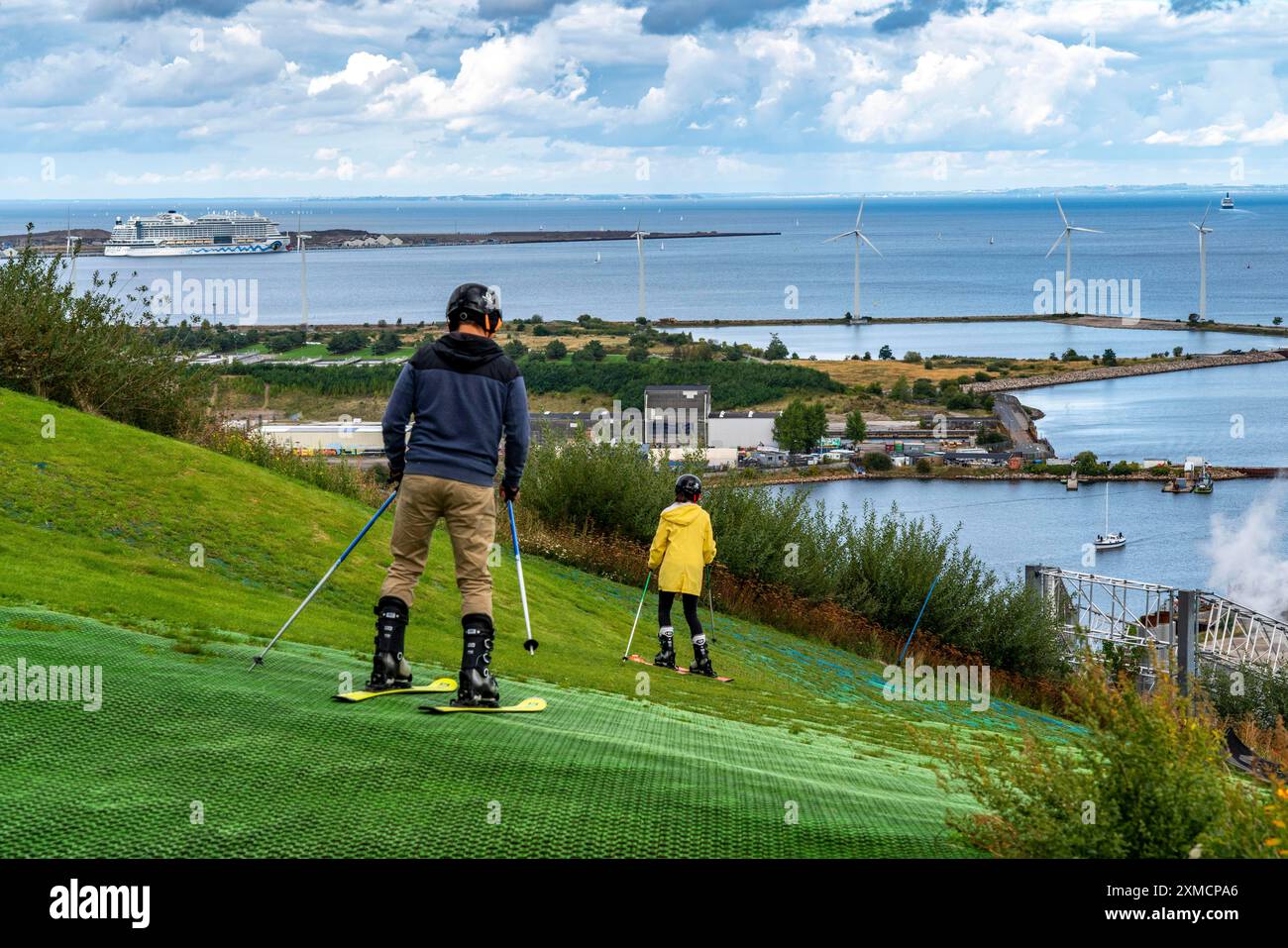 CopenHill, waste incineration plant and artificial ski slope, skiing with a view of the Oresund ...