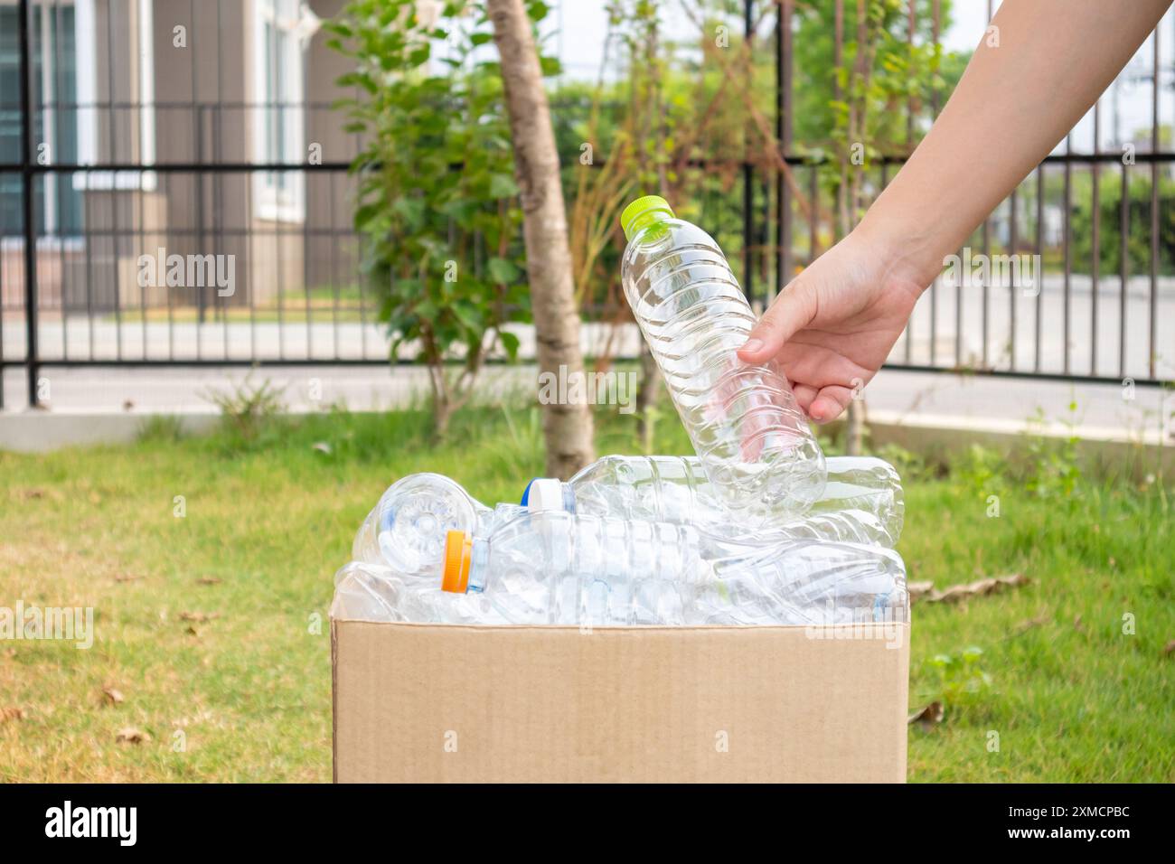 Hand hold and put plastic bottles in to brown recycle garbage box Stock ...