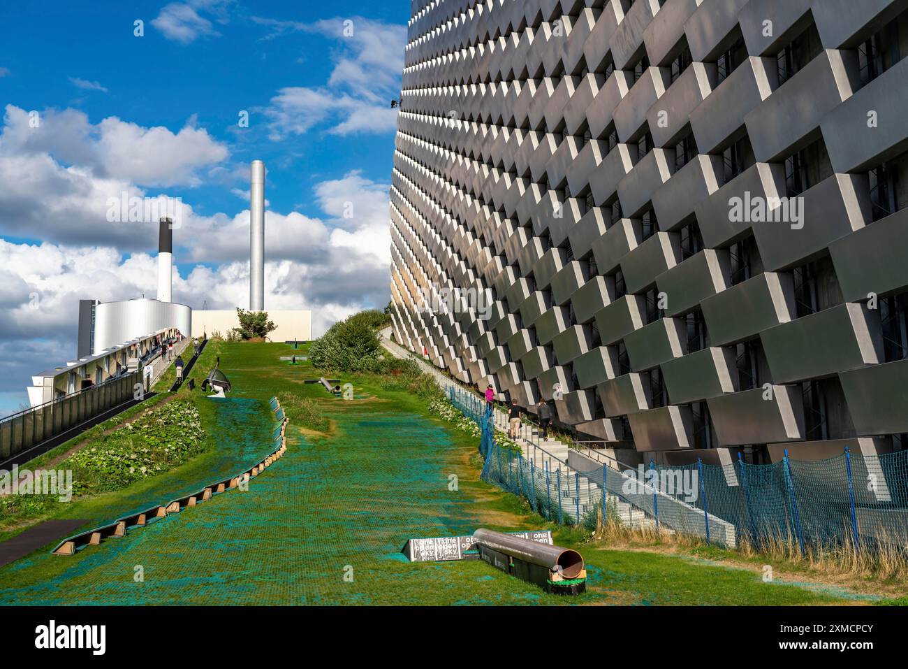 CopenHill, waste incineration plant and artificial ski slope, skiing with a view of the ski lift ...