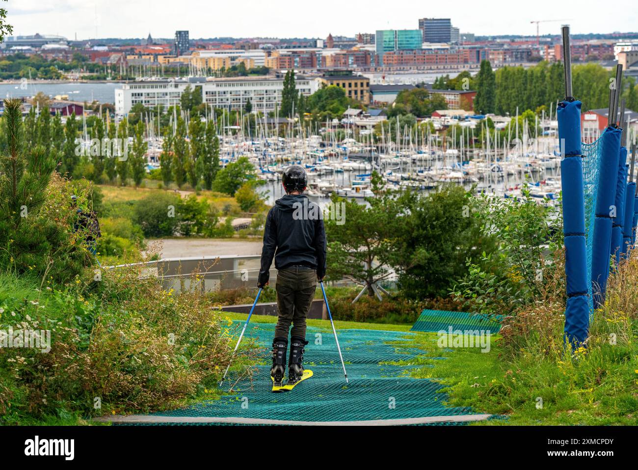 CopenHill, waste incineration plant and artificial ski slope, skiing with a view of ...
