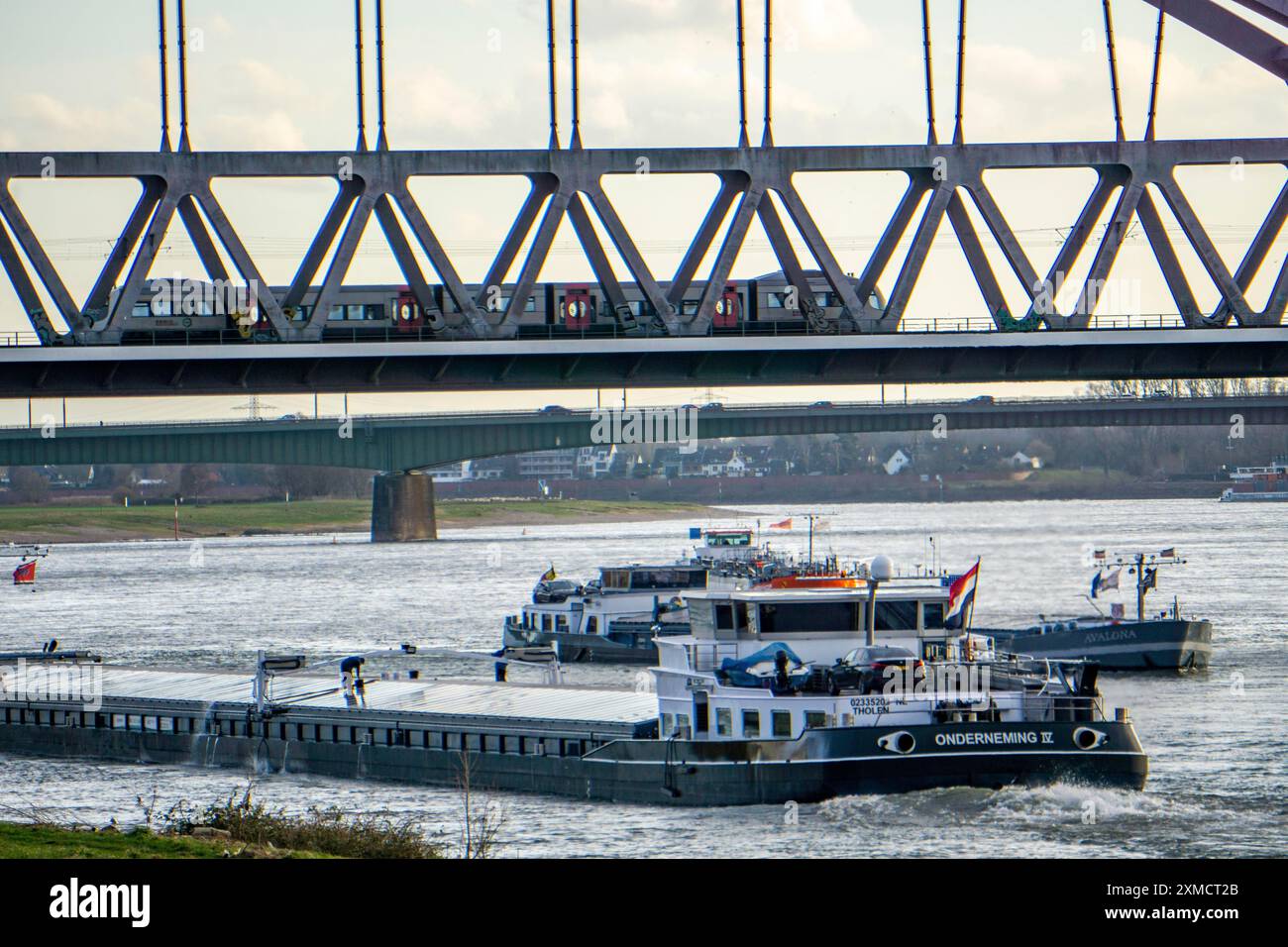 The Rhine near Duesseldorf, cargo ships, Hammer railway bridge, local ...