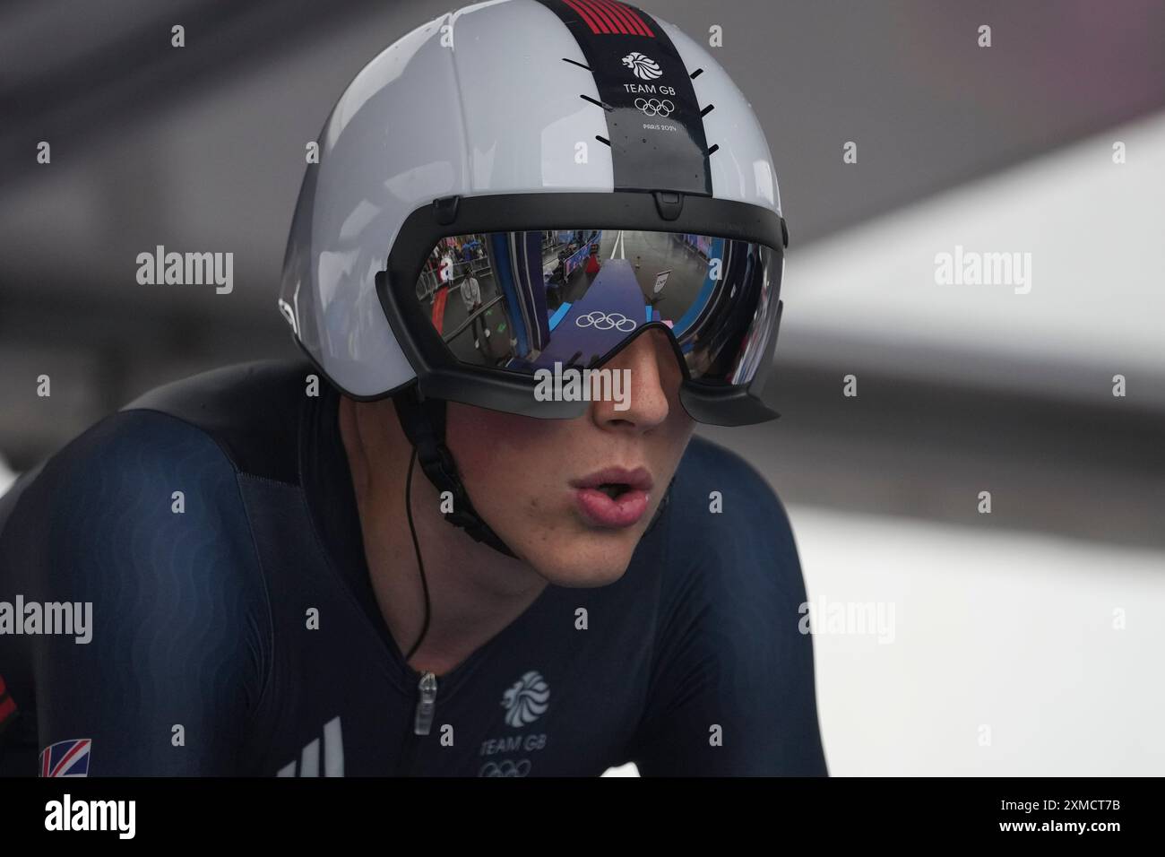 Josh Tarling, of Britain, gets ready to start the men's cycling time ...